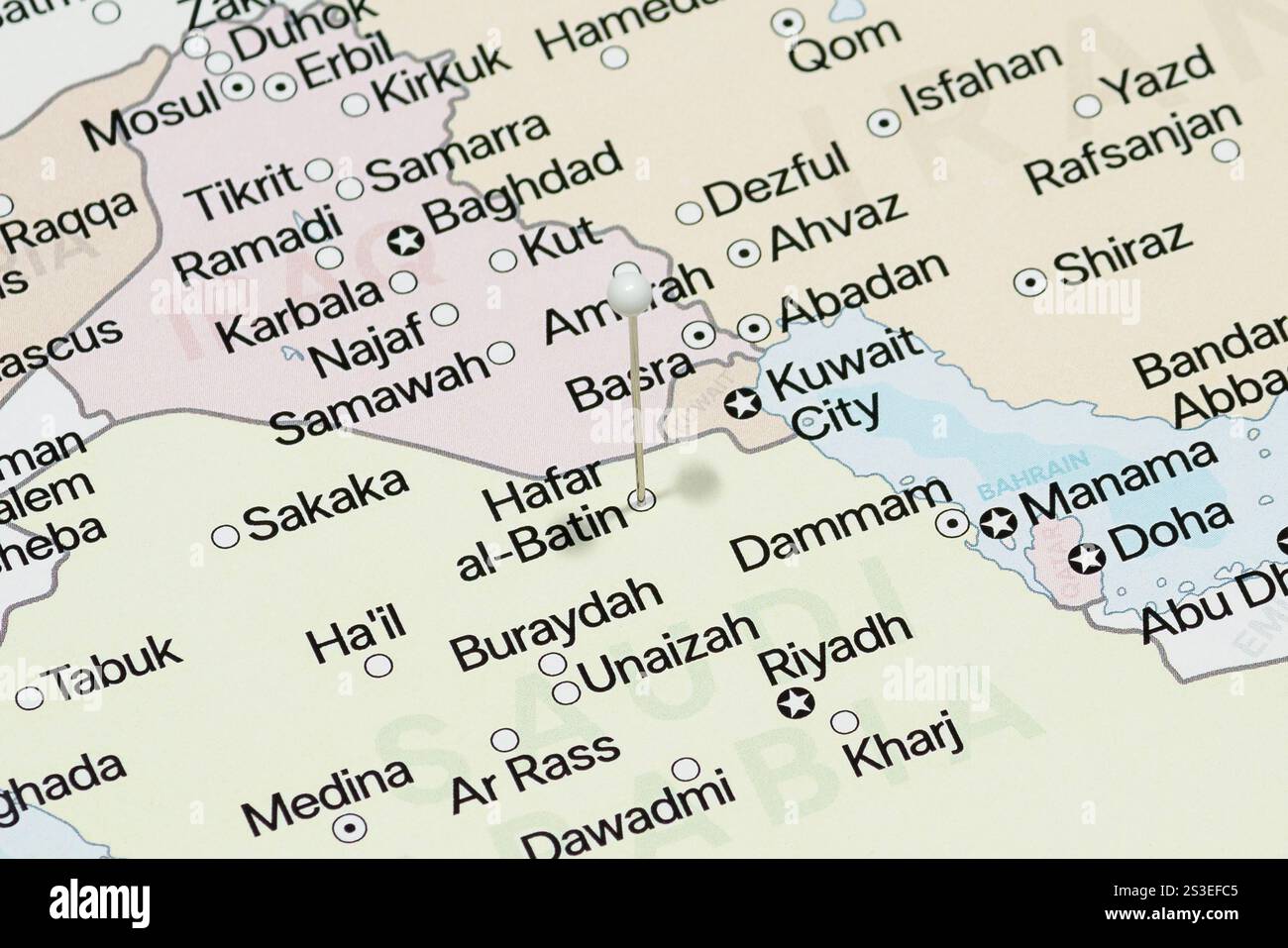 Macro photo of a white pin needle into Hafar al Batin city of Saudi ...