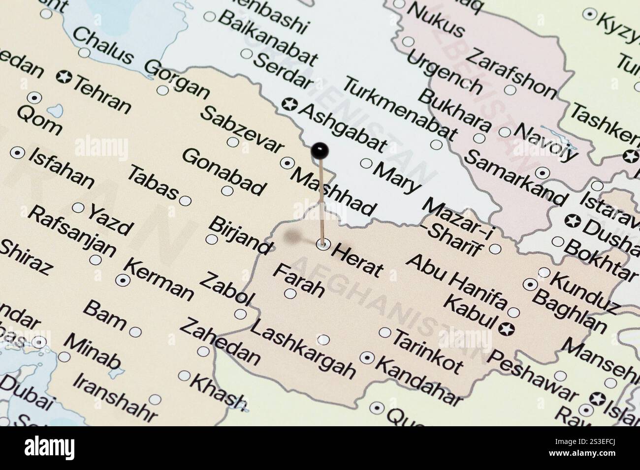 Macro photo of a black pin needle into Herat city of afghanistan ...