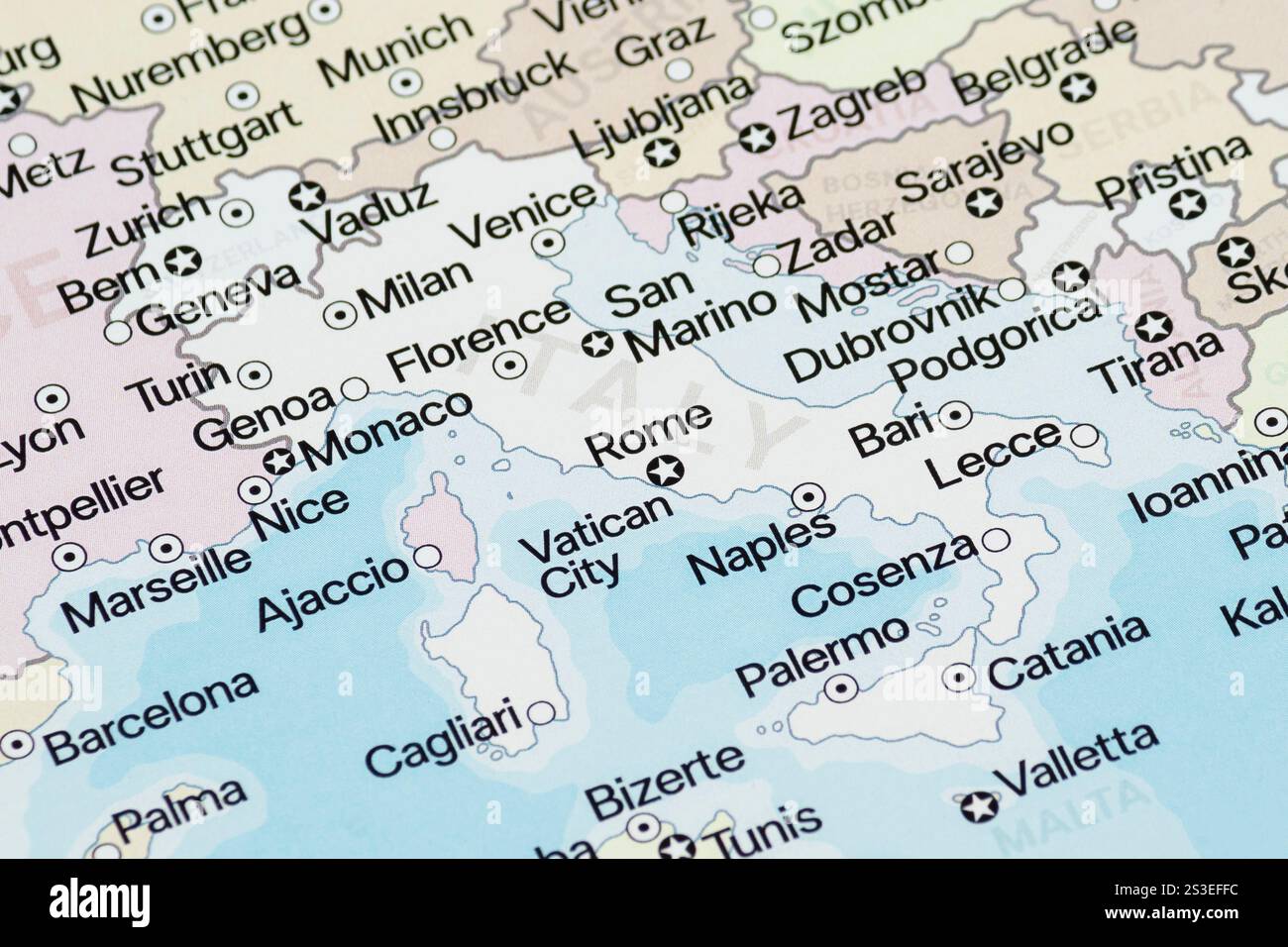 Close up to a Italy political map with most important cities and ...