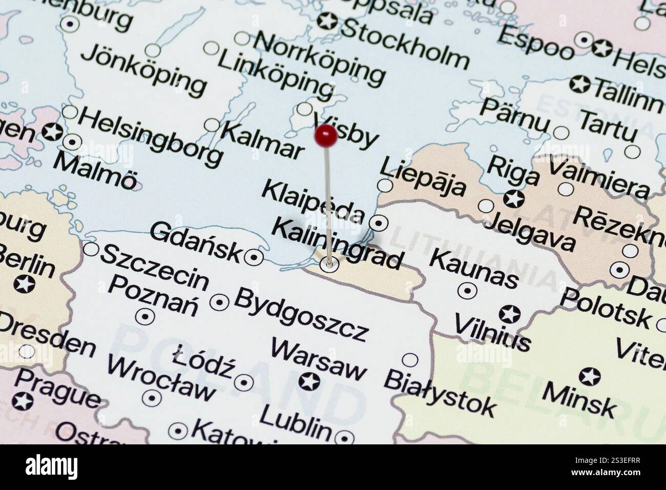 Macro photo of a red pin needle into Kaliningrad city of Russia ...