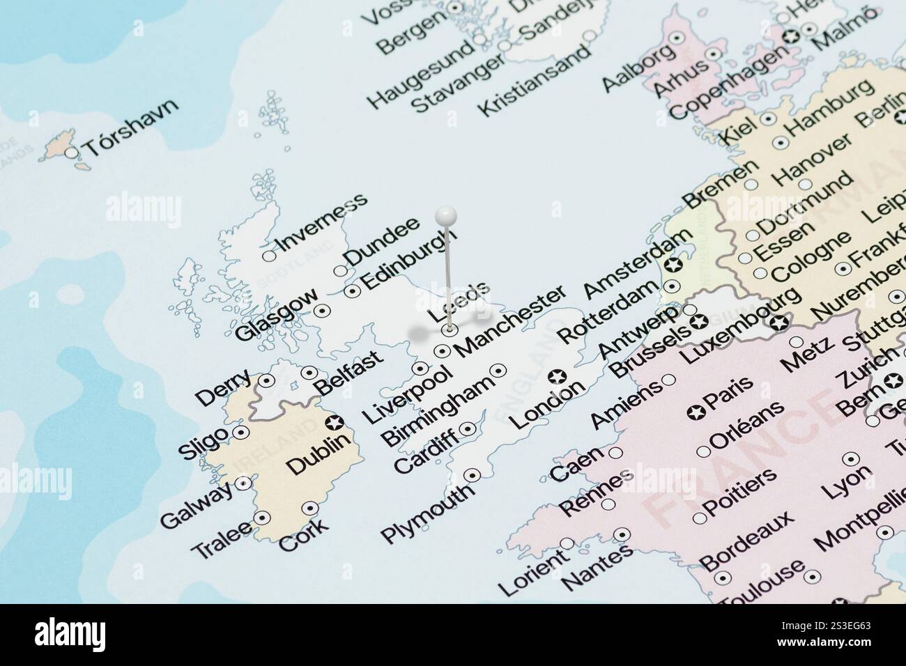 Macro photo of a white pin needle into Leeds city of England political ...