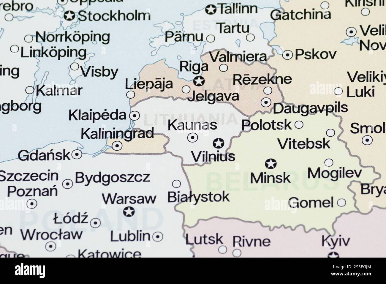 Close up to a Lithuania political map with most important cities and ...