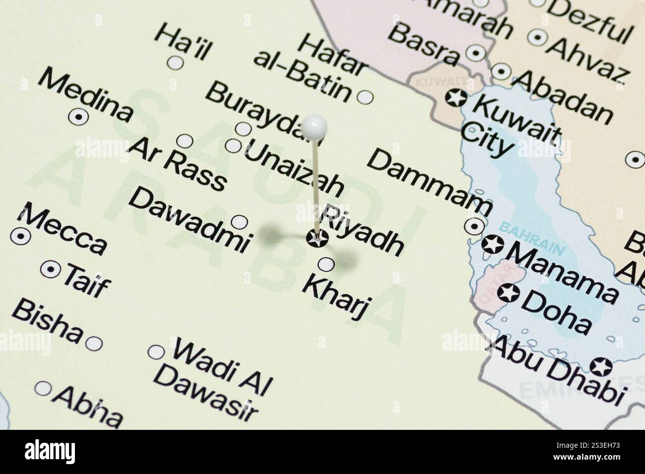 Close up to a white pin needle into Riyadh city of Saudi Arabia ...