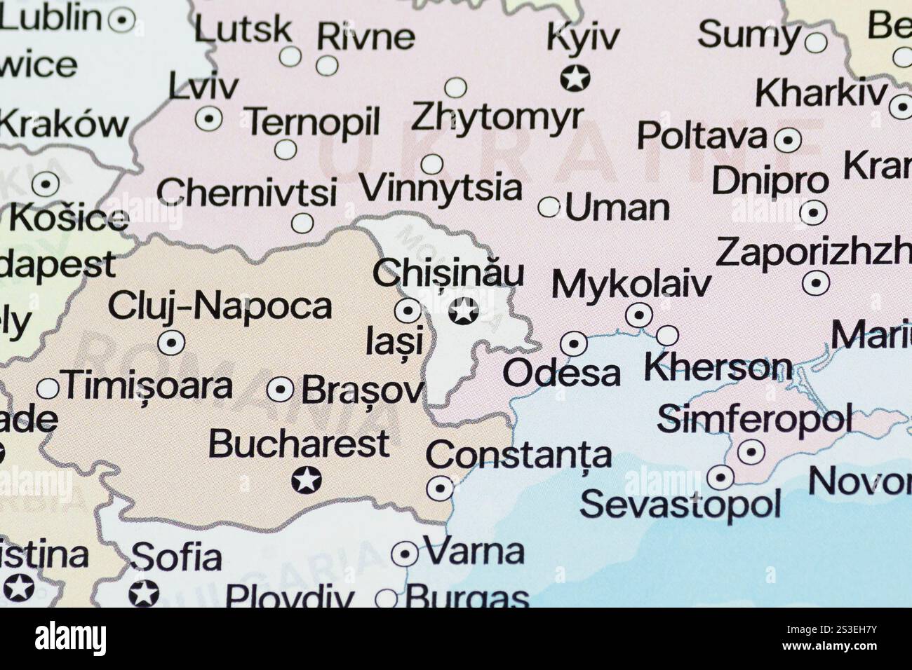 Close up to a Moldova political map with most important cities and ...