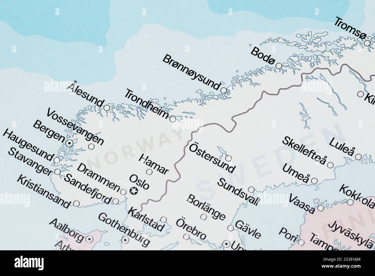 Close up to a Norway political map with most important cities and ...