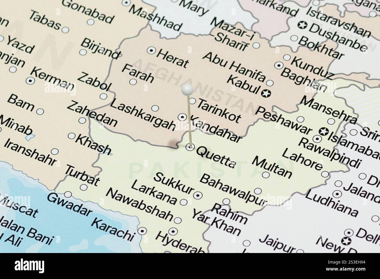 Macro photo of a white pin needle into Quetta city of Pakistan ...