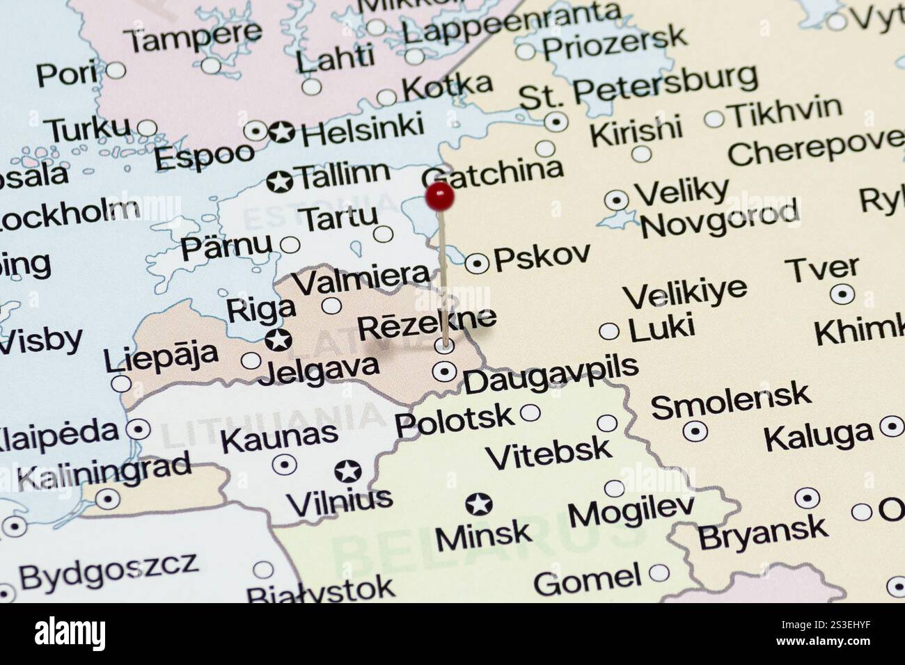 Macro photo of a red pin needle into Rezekne city of Latvia political ...