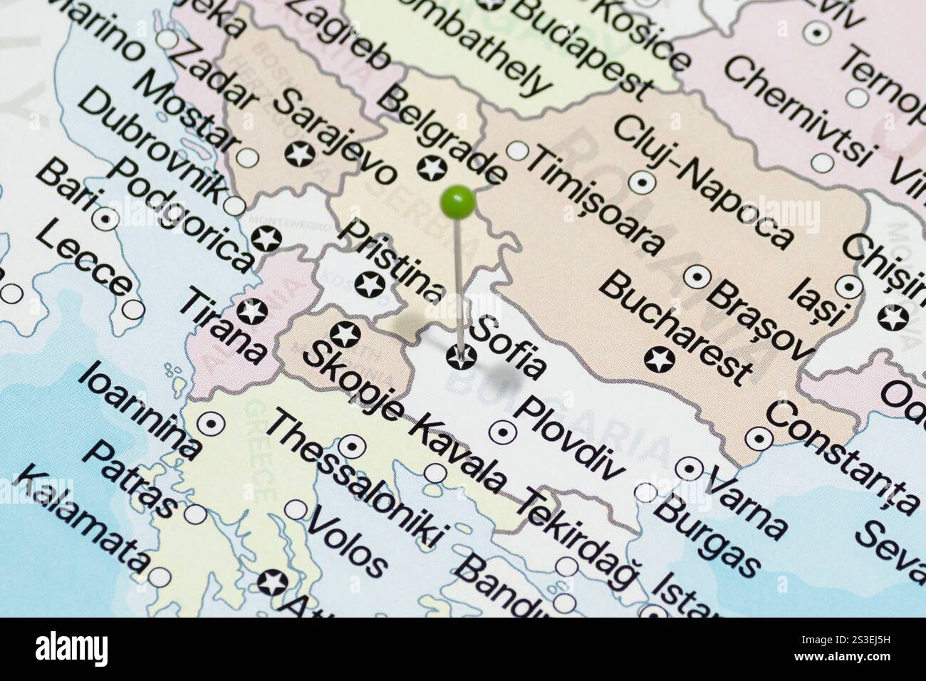 Macro photo of a green pin needle into Sofia city of Bulgaria political ...