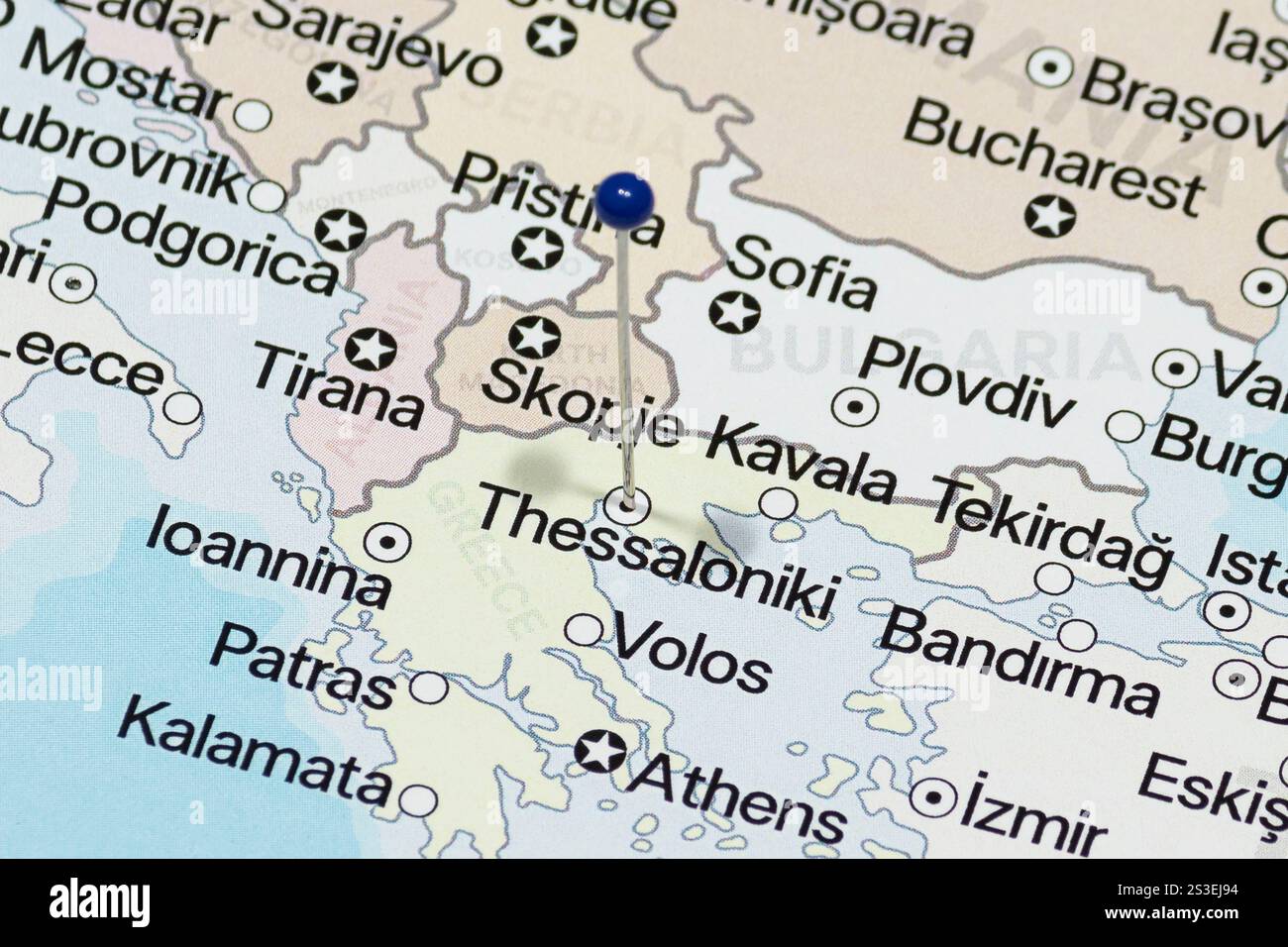 Macro photo of a blue pin needle into Thessaloniki city of Greece ...