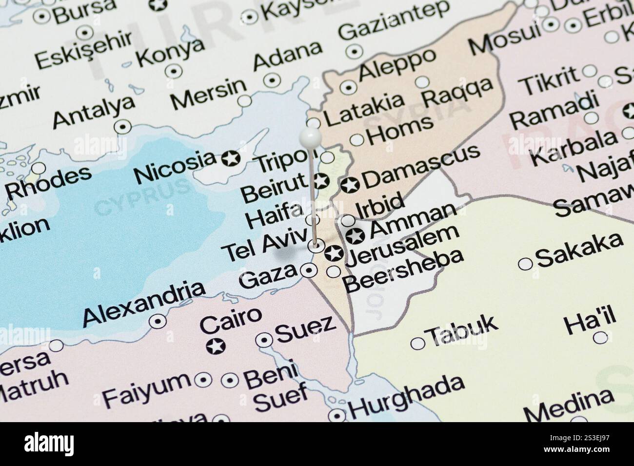 Macro photo of a white pin needle into Tel Aviv city of Israel ...