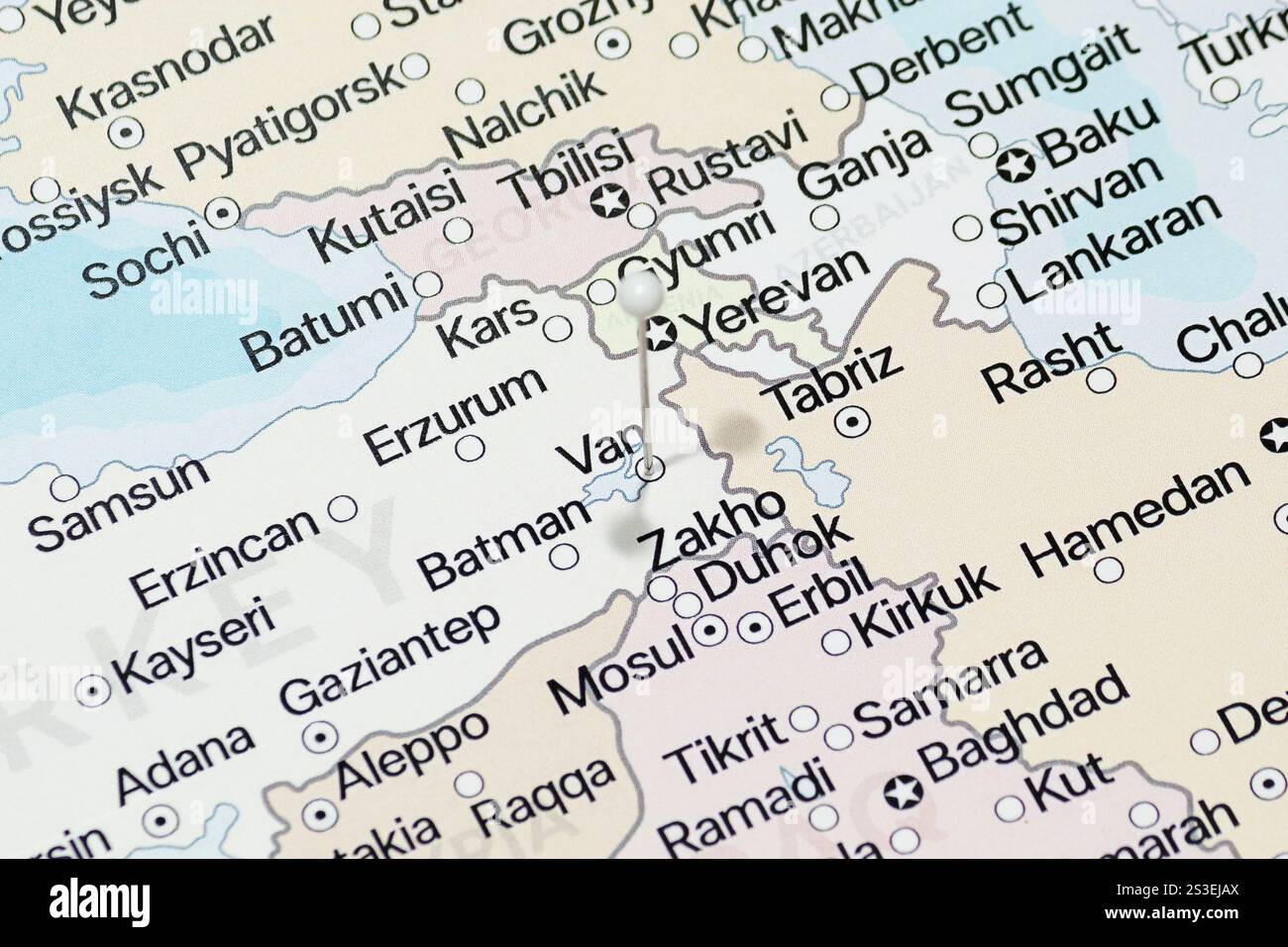 Macro photo of a white pin needle into Van city of Turkey political map ...
