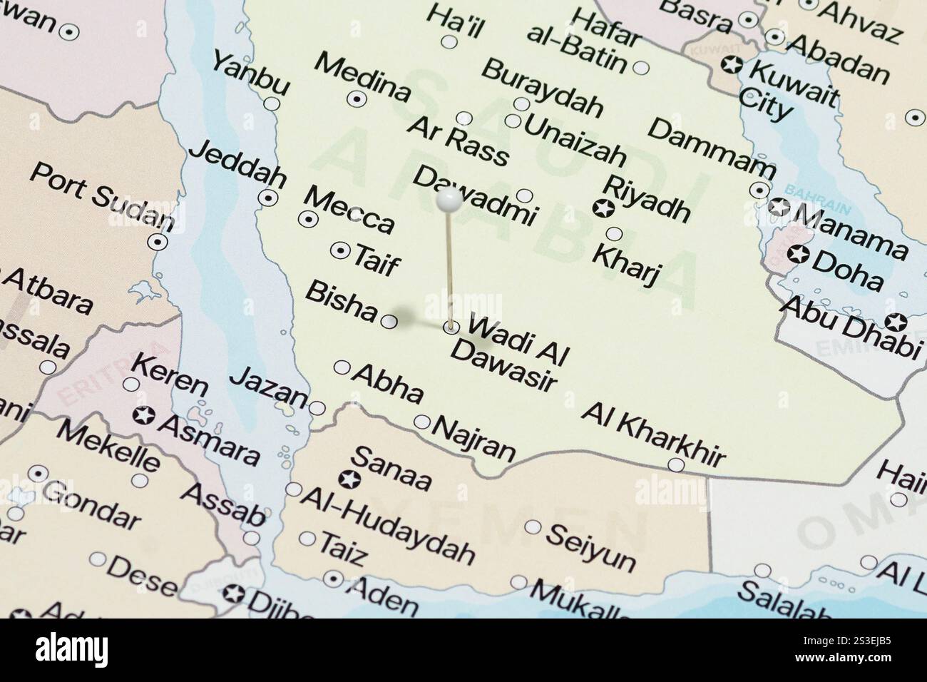 Macro photo of a white pin needle into Wadi Al Dawasir city of Saudi ...