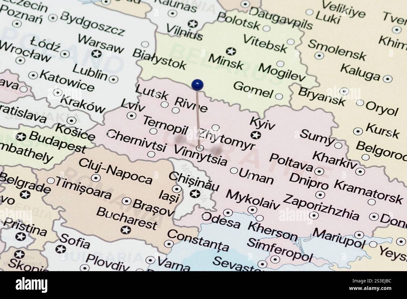 Macro photo of a blue pin needle into Vinnytsia city of Ukraine ...