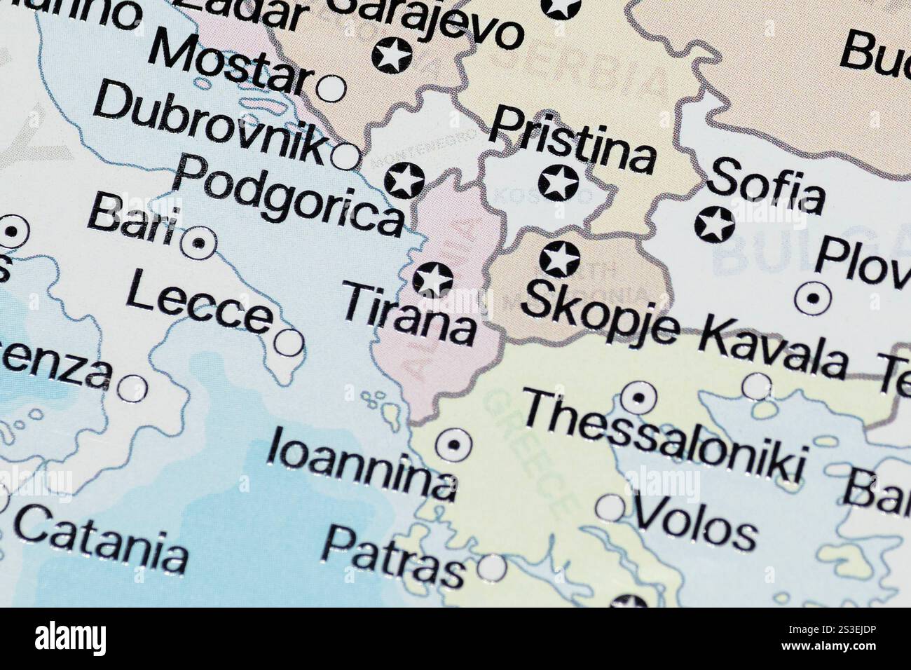 Close up to a Albania political map with most important cities and ...