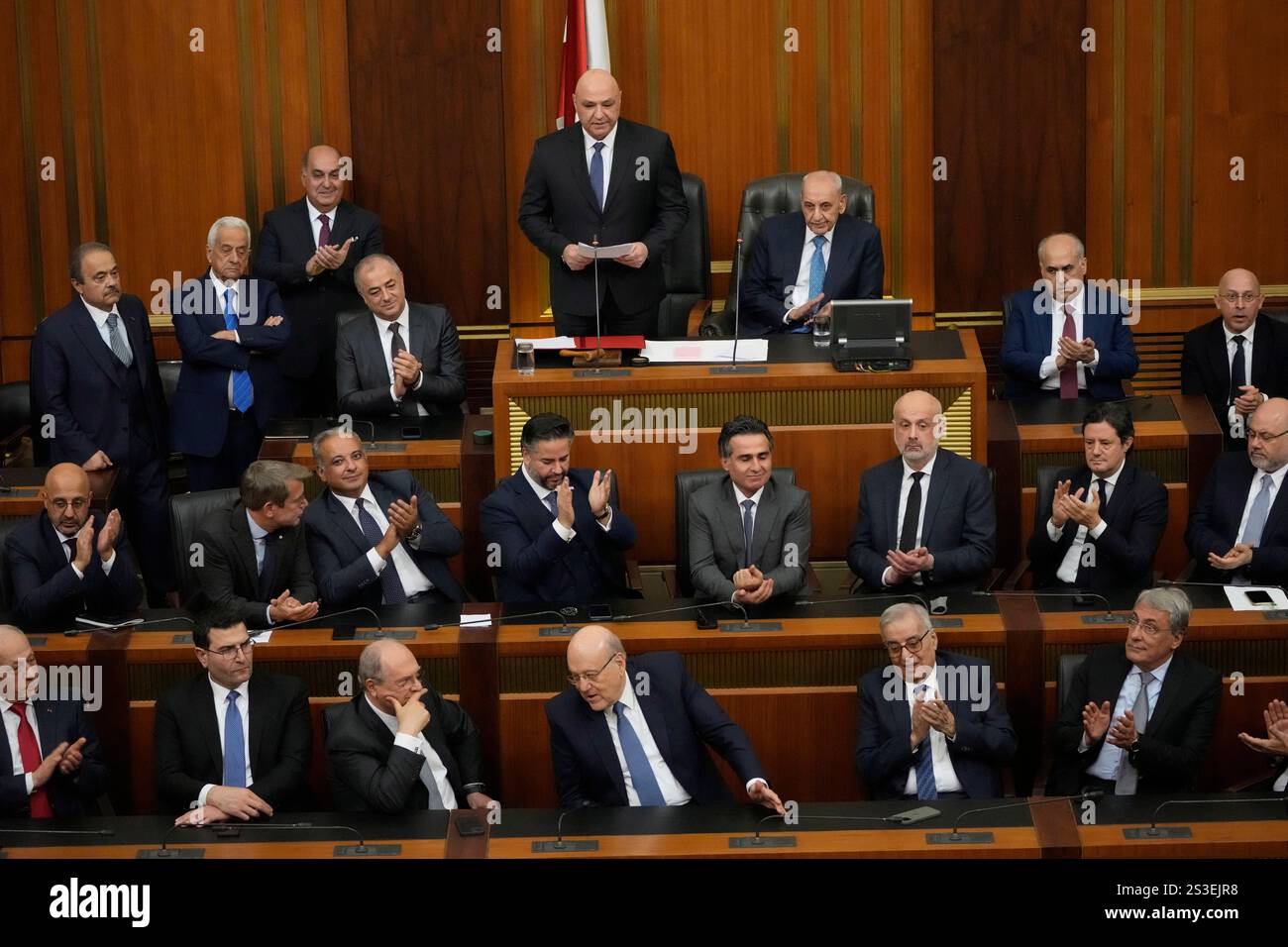 Lebanese cabinet ministers applaud the newly-elected Lebanese President ...