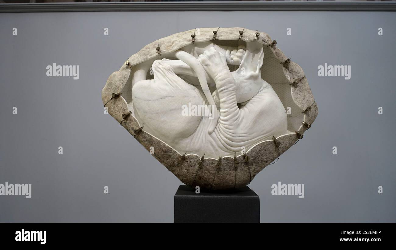 Naples, Italy, December 29, 2024. Jago Art Museum. Statue of dog fetus ...