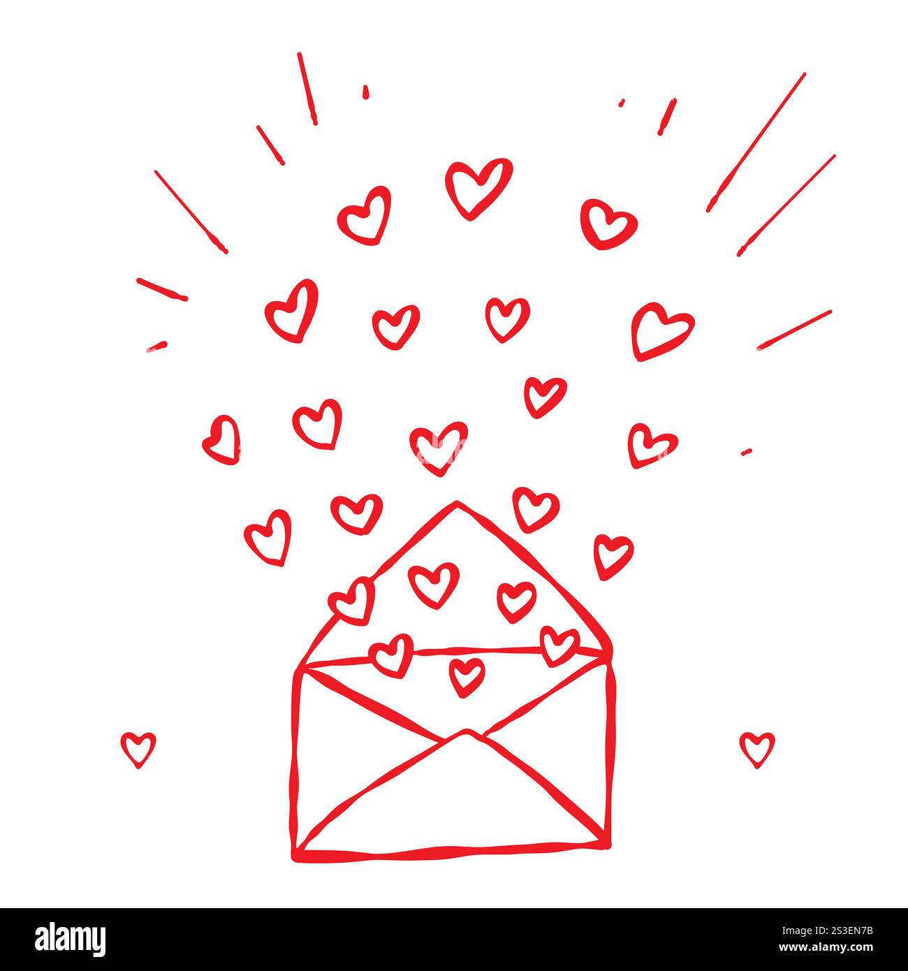 Hand-drawn doodle of an open envelope with little hearts flying out ...