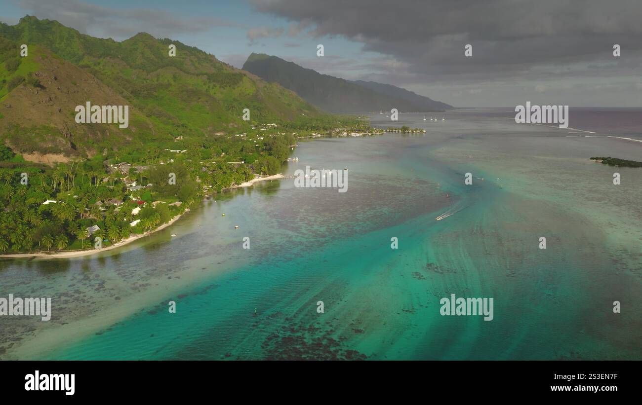 Drone capture breathtaking aerial views of Moorea tropical island in ...