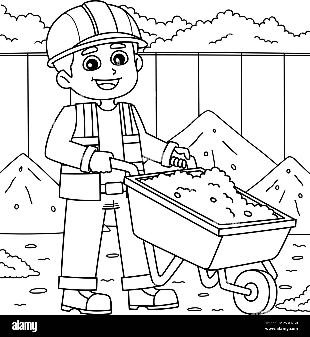 Construction Worker with Wheelborrow Coloring Page Stock Vector Image ...