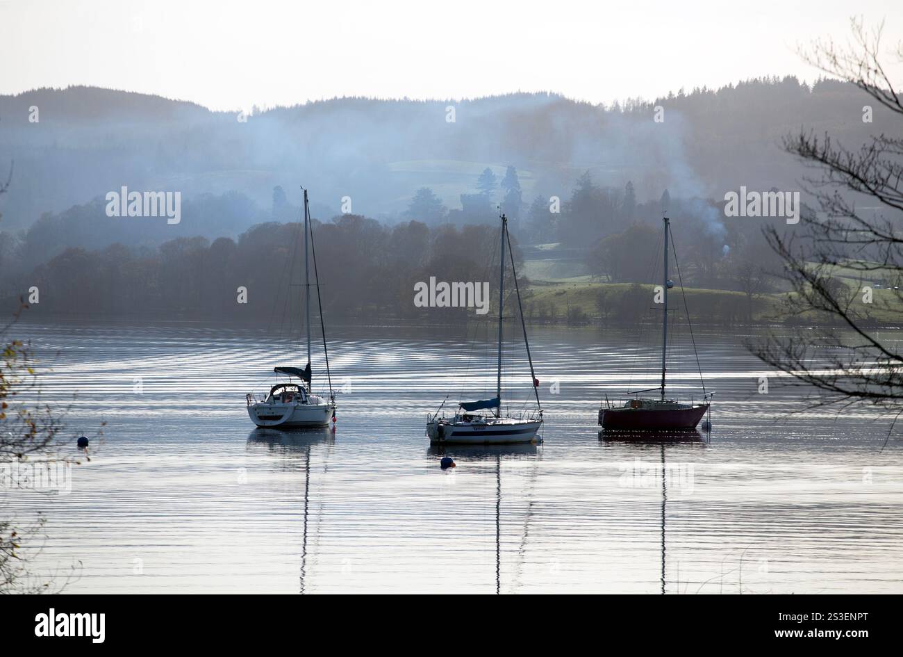 Sailing boats on Lake Windermere in the Lake District in England where ...