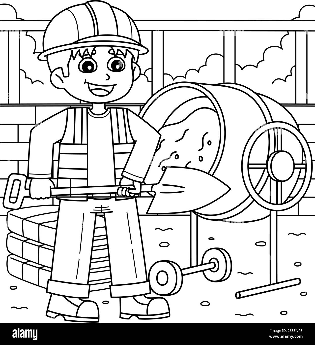 Construction Worker Mixing Cement Coloring Page Stock Vector Image ...