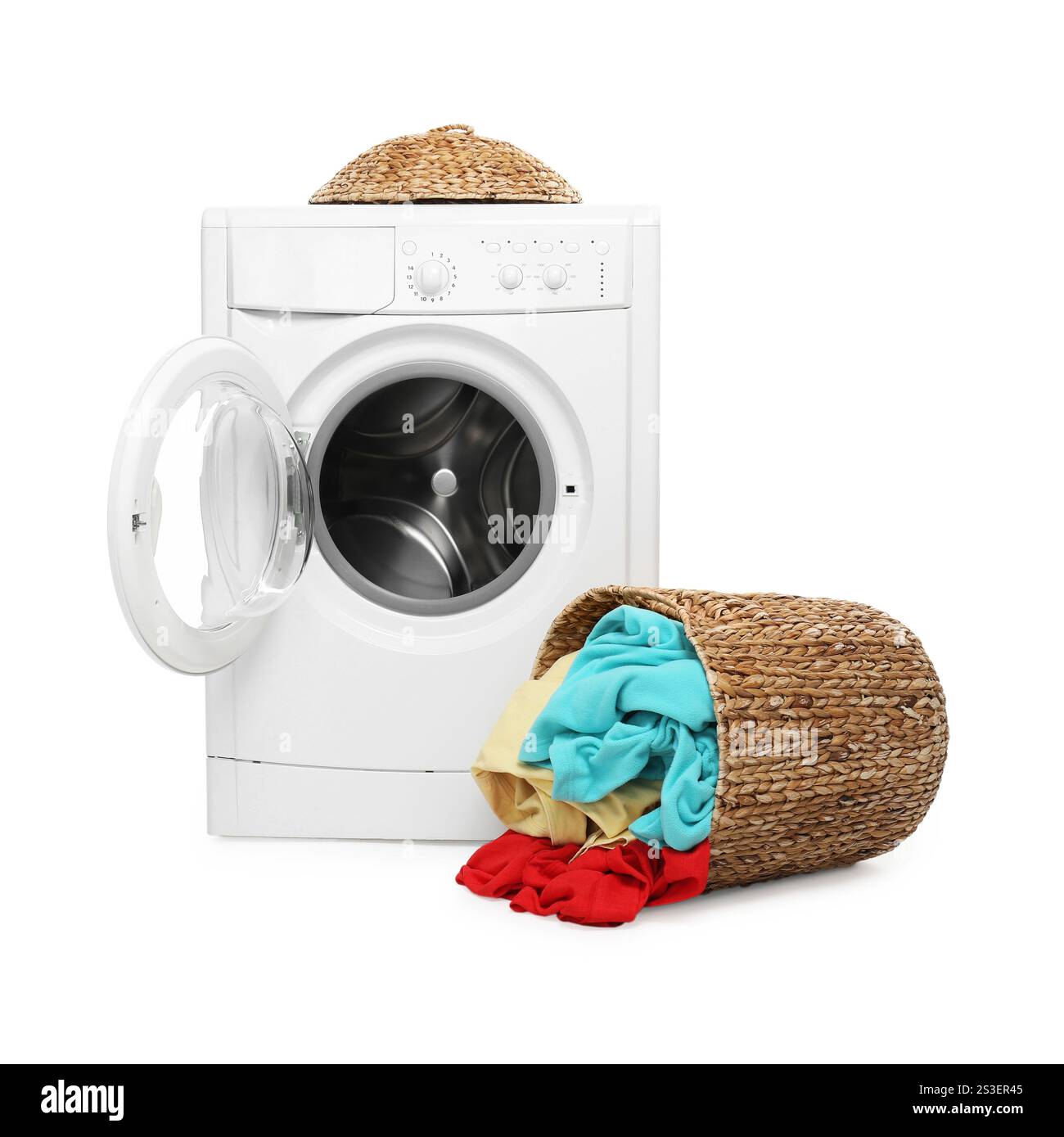 Modern washing machine and laundry basket isolated on white Stock Photo ...
