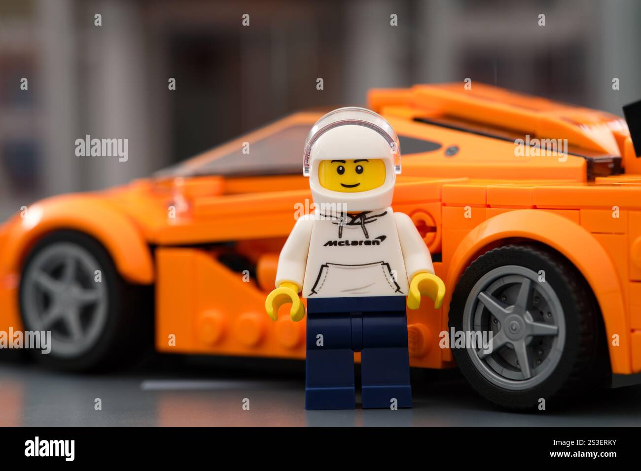 Tambov, Russian Federation - January 03, 2025 Lego McLaren F1 LM driver ...