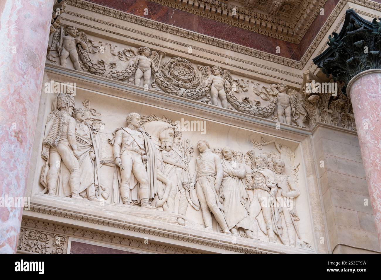 Historical relief sculpture depicting notable figures in a grand ...