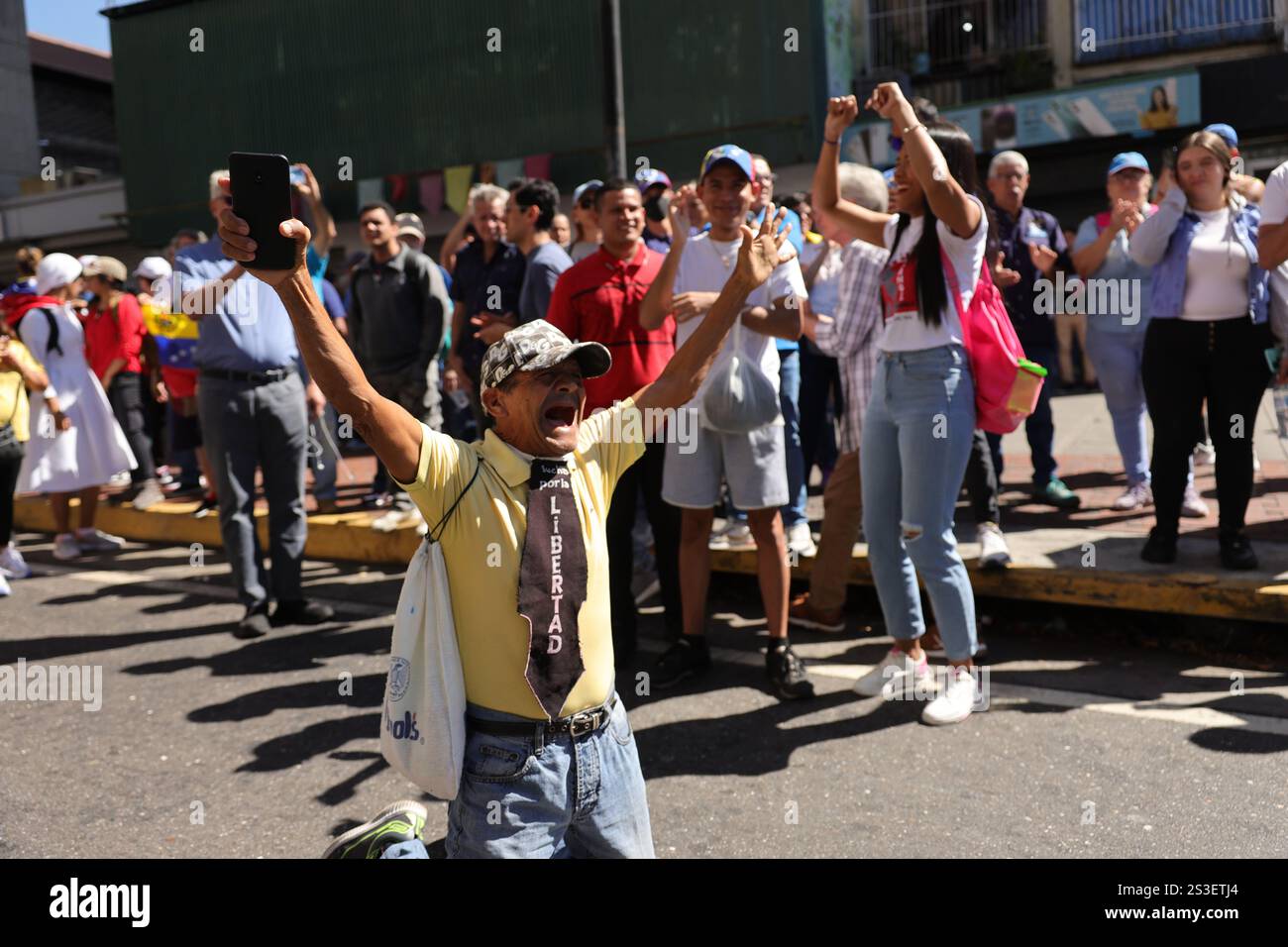 Caracas, Venezuela. 09th Jan, 2025. A demonstrator with the word ...