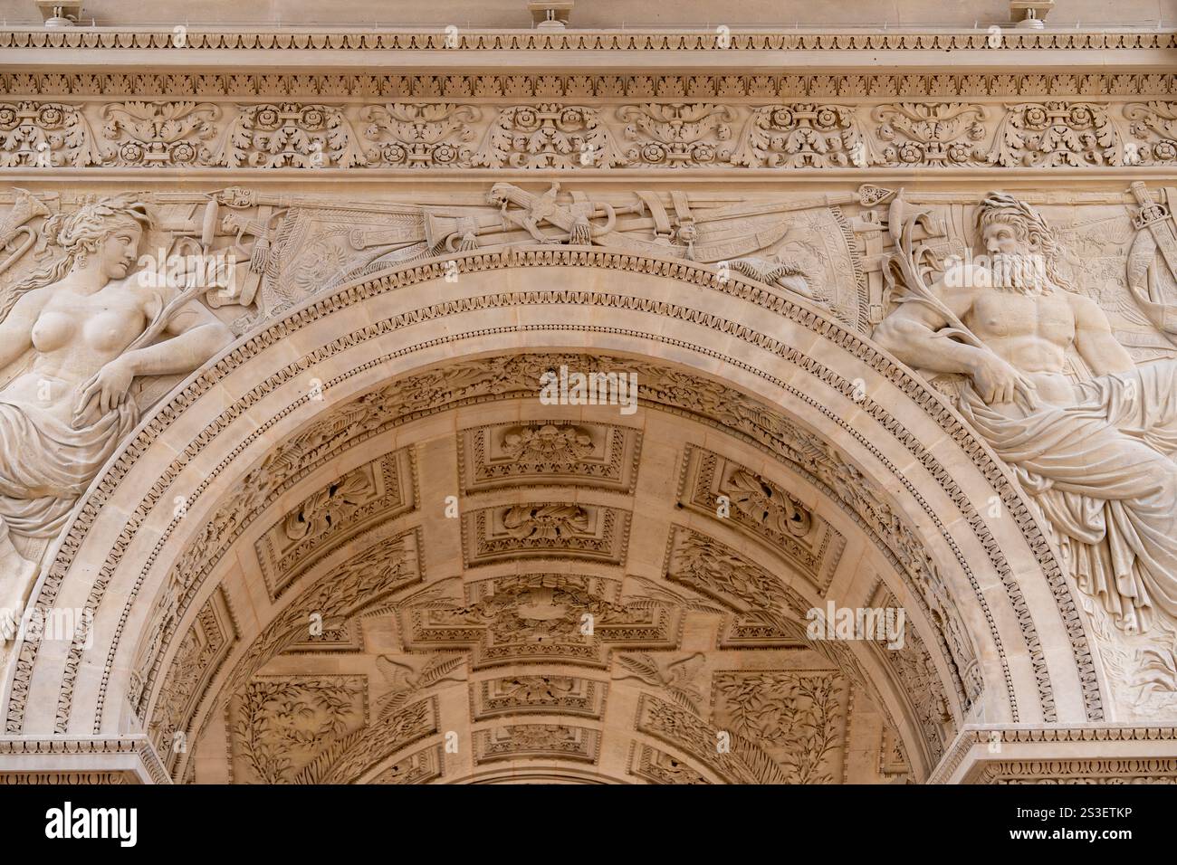 Intricate details of classical sculptures at a historical arch from ...