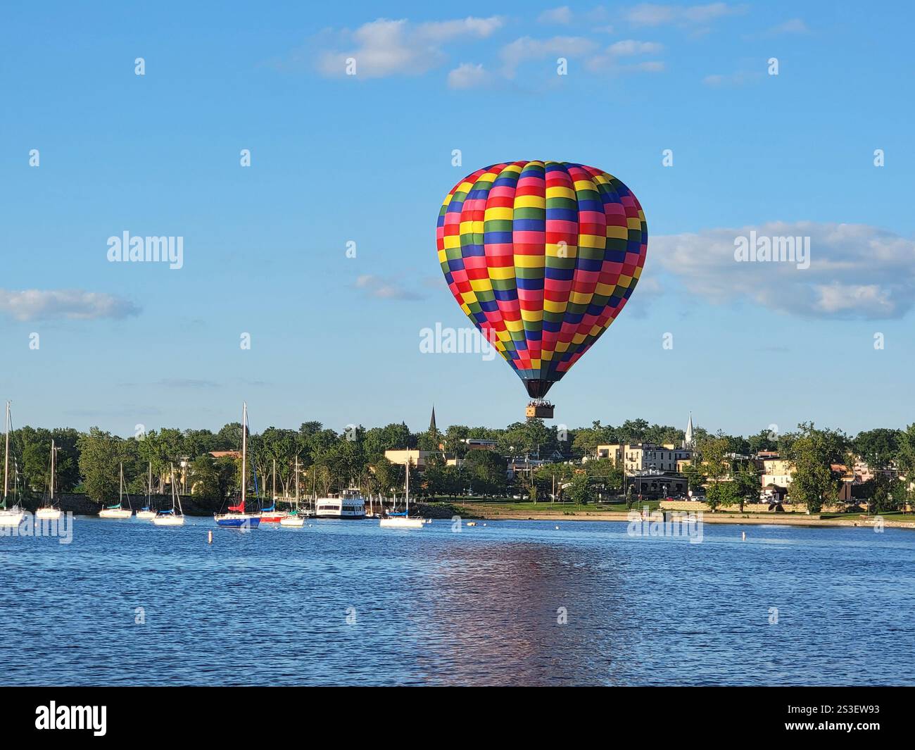 Hot air balloon above the St Croix River, Hudson, Minnesota Stock Photo ...