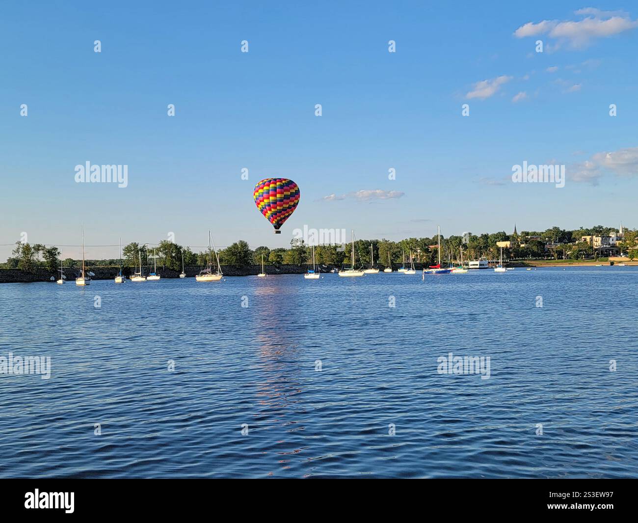 Hot air balloon above the St Croix River, Hudson, Minnesota Stock Photo ...