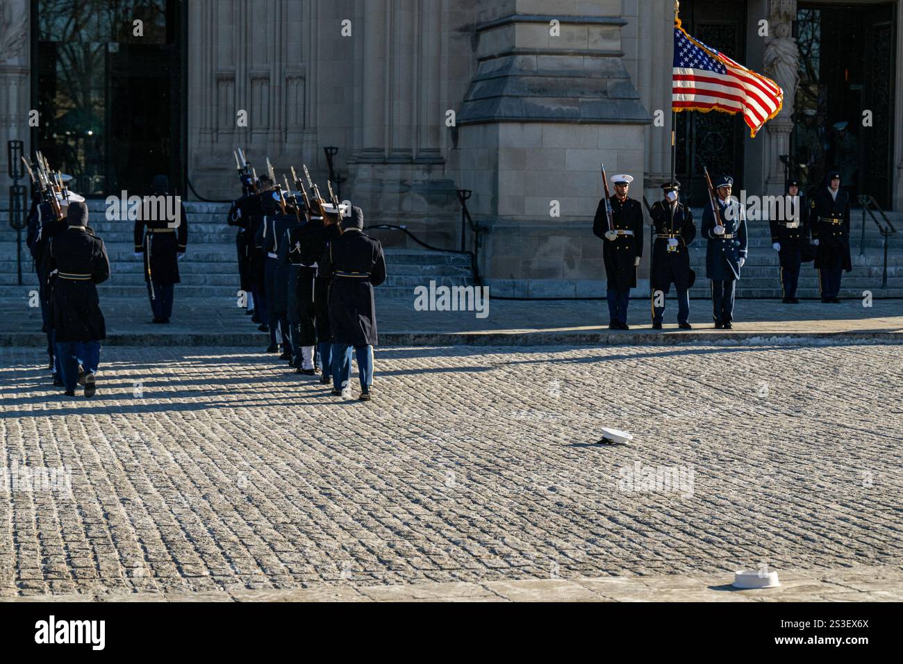 Hats of the Honor Guard are blown off in the wind at the State Funeral ...