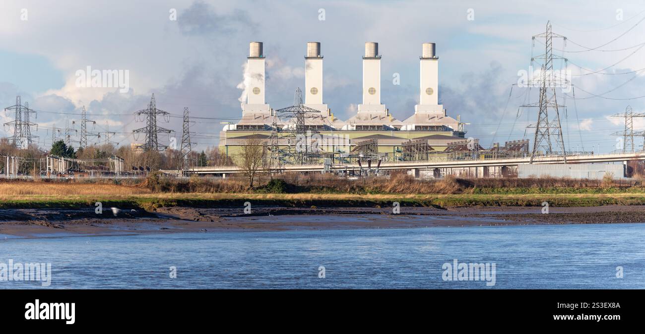 Connah's Quay power plant and pylons, Deeside, North Wales Stock Photo ...