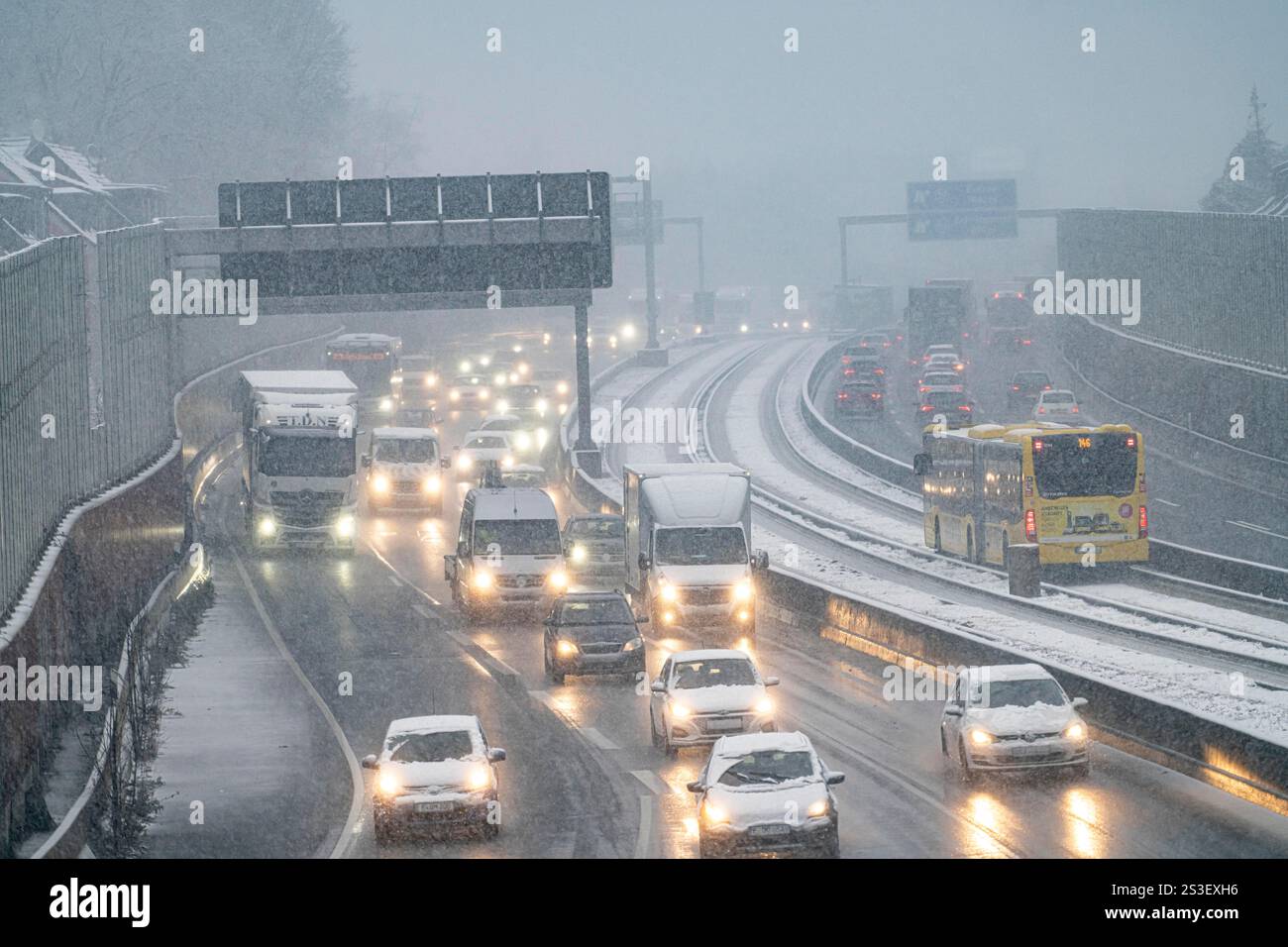 Winter weather, heavy snowfall, traffic jam on the A40 motorway in ...
