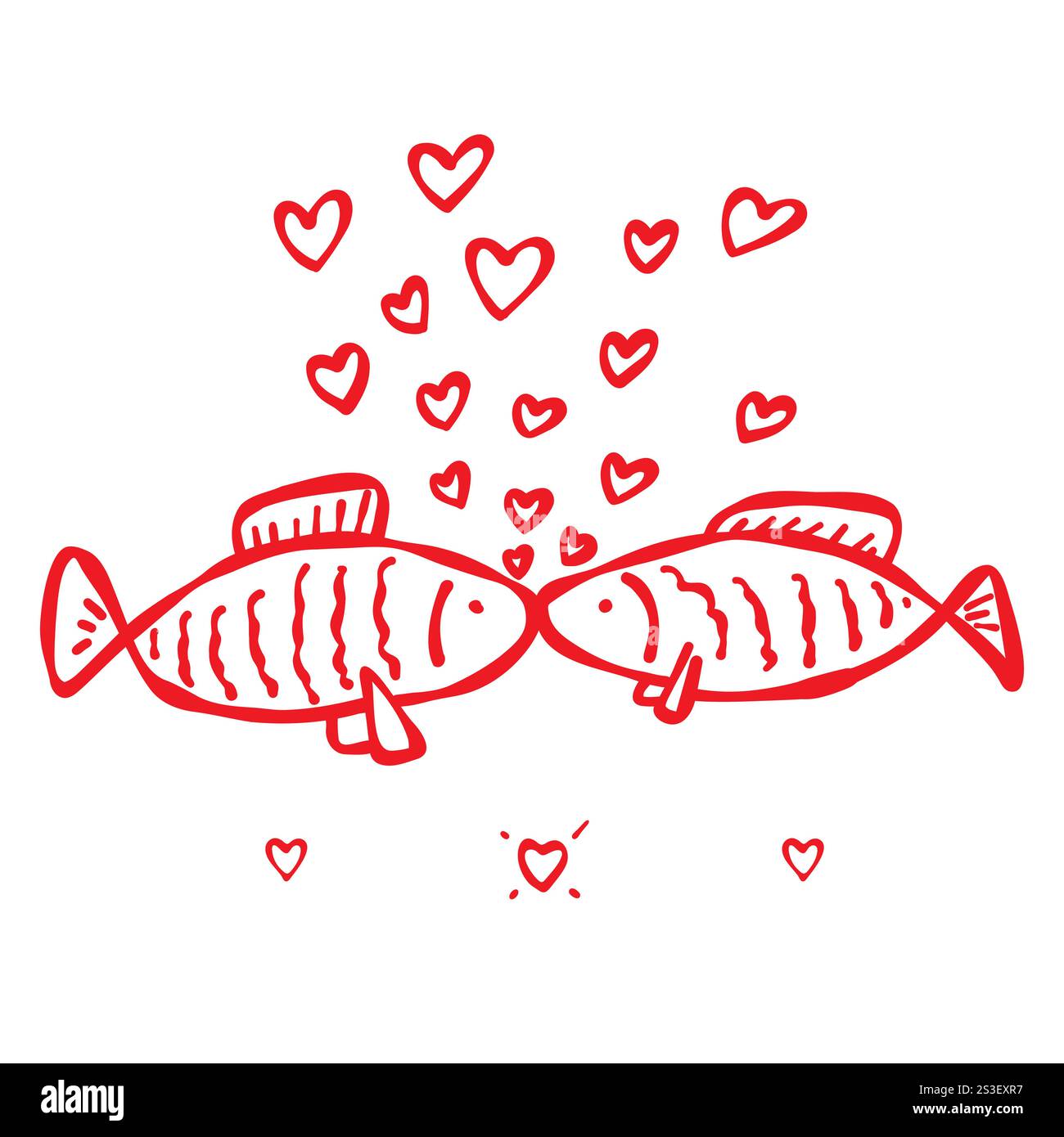 Hand-drawn doodle icon of two kissing fish with hearts floating like ...