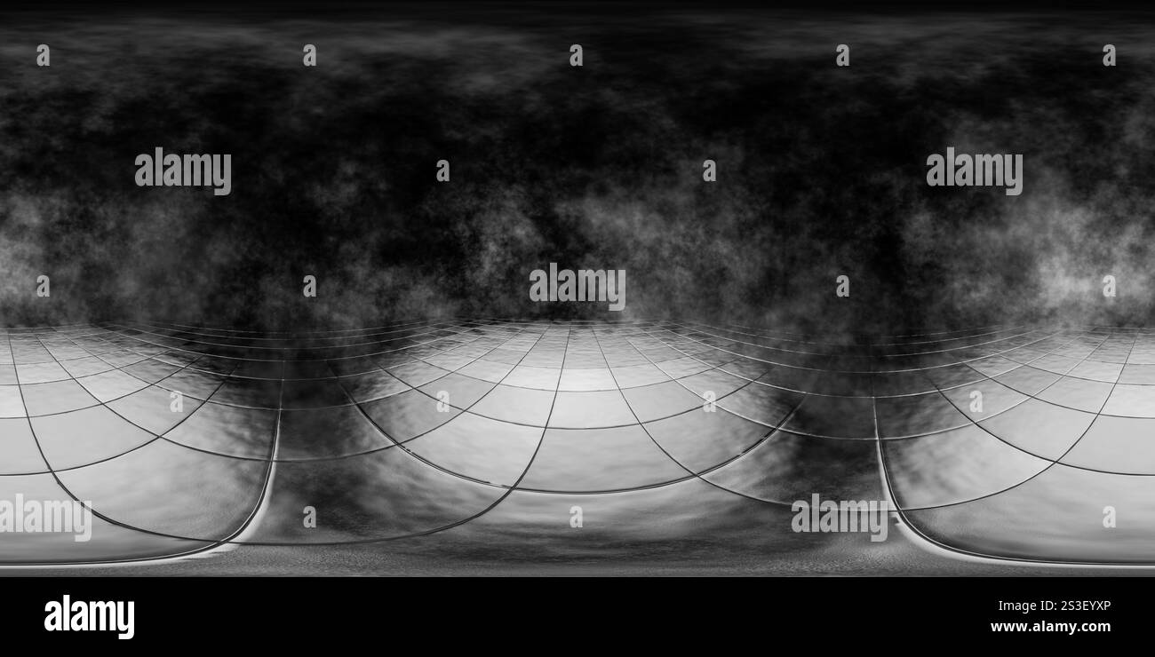 Tiled floor in the dark with fog or smoke, 360 panorama. Empty room ...