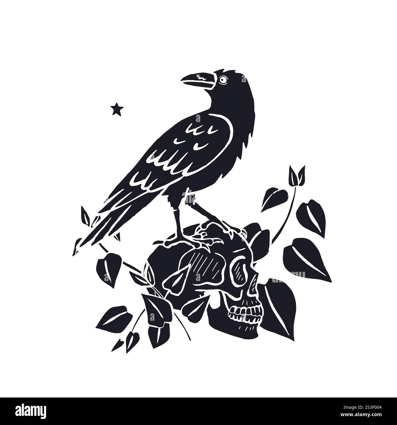 Hand drawn monochrome inky sketch style raven or crow sitting on human ...