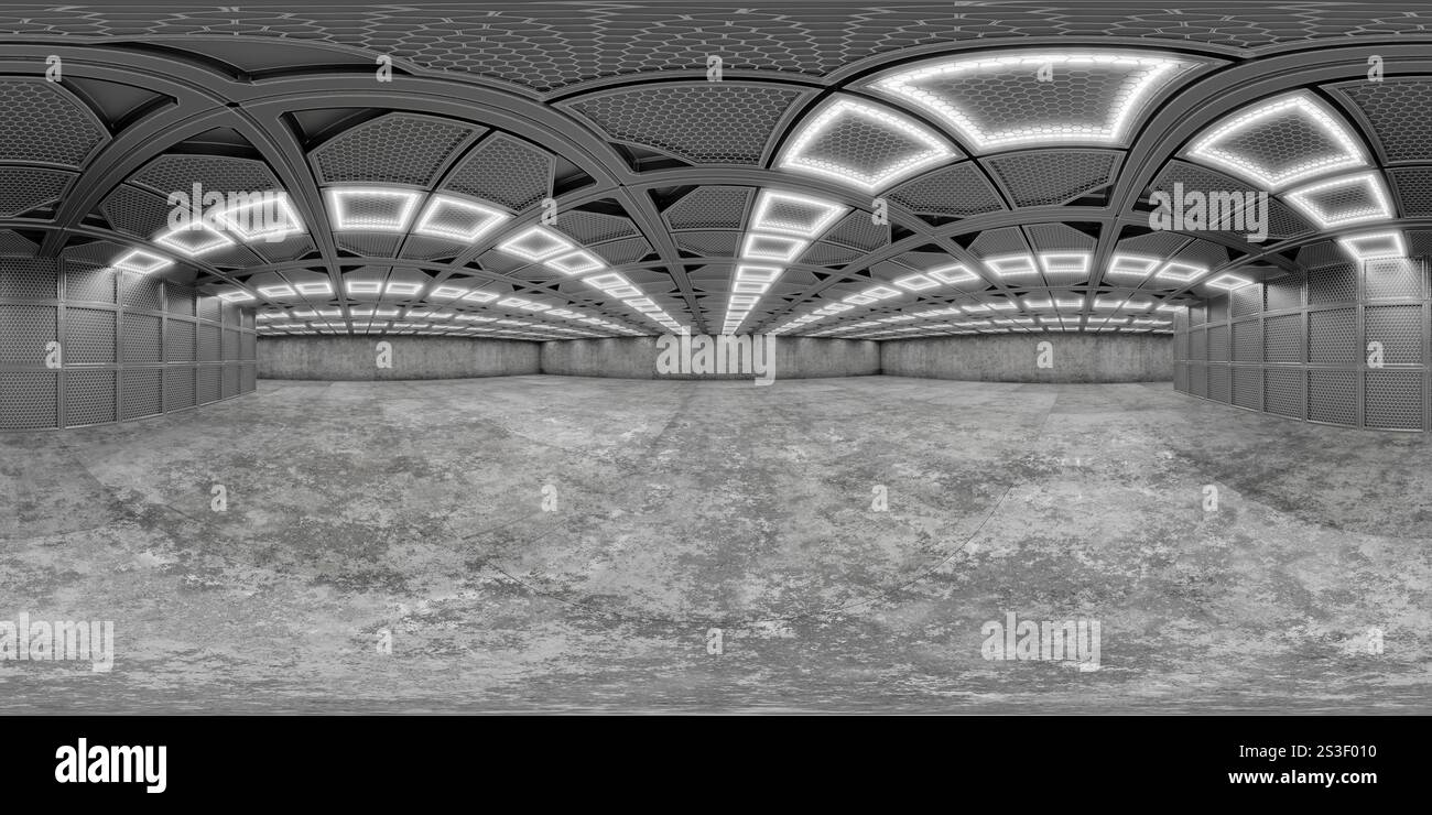 Wide hangar, exhibition hall, 360 panorama. Car garage. Full seamless ...