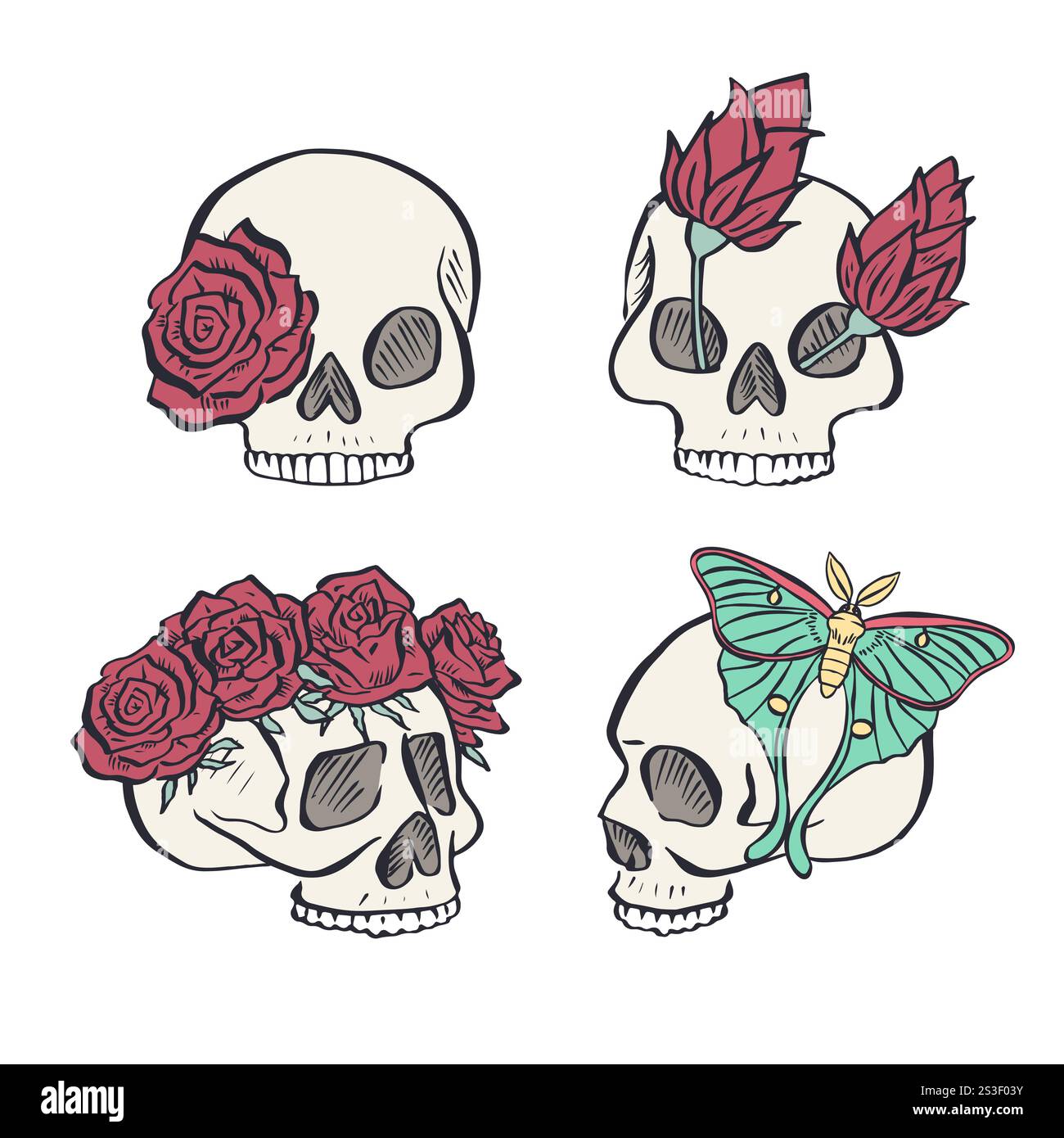 Hand drawn inky floral human skull with rose in the eye sketches set ...