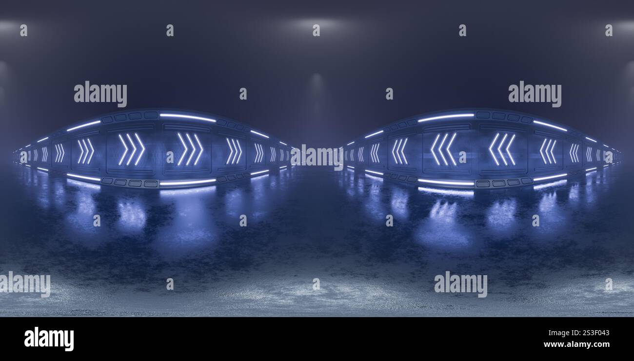 Neon club. Interior of a concrete exhibition hall, panorama. Futuristic ...