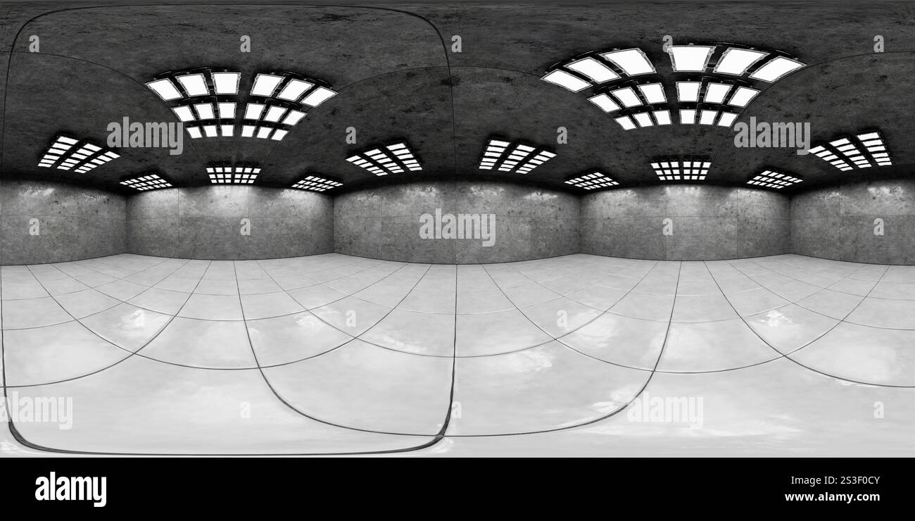 Interior of a concrete exhibition hall, 360 panorama. Empty room ...