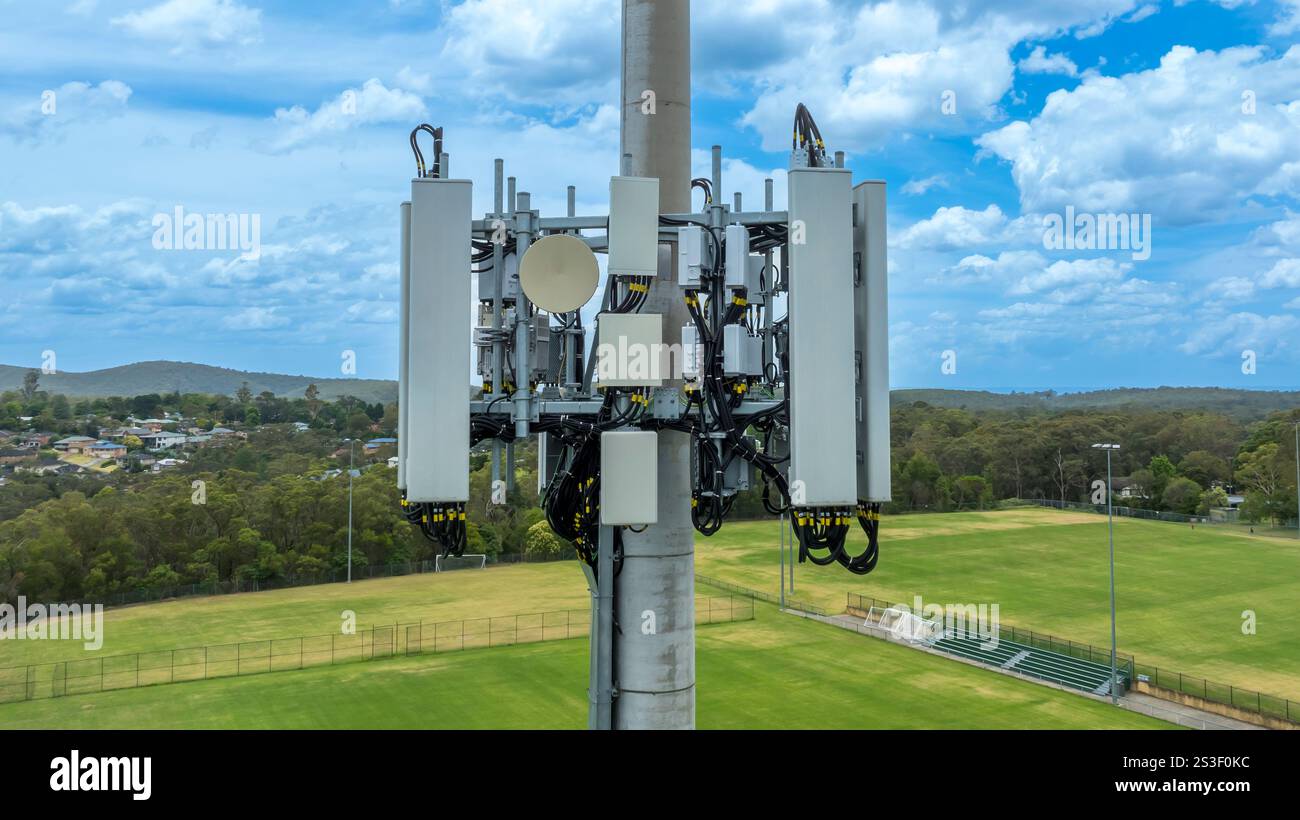 Drone aerial photograph of the bottom section of a telecommunications ...