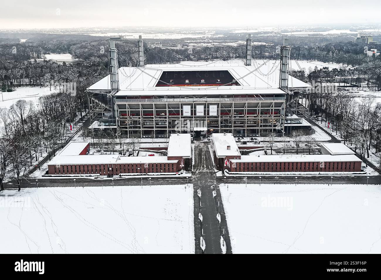 COLOGNE, GERMANY - 9 JANUARY, 2025: Winter, snow and Rhein Energie ...