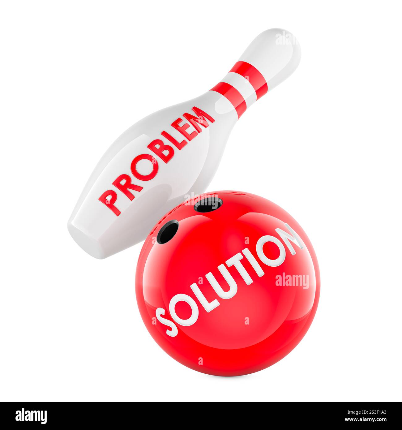 Solution concept with bowling ball and skittle. 3D rendering isolated ...