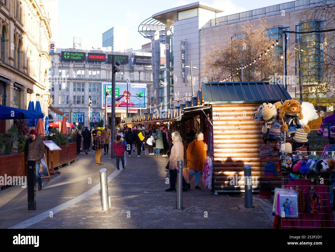 Christmas market stalls at Hanging Ditch in the centre of Manchester ...