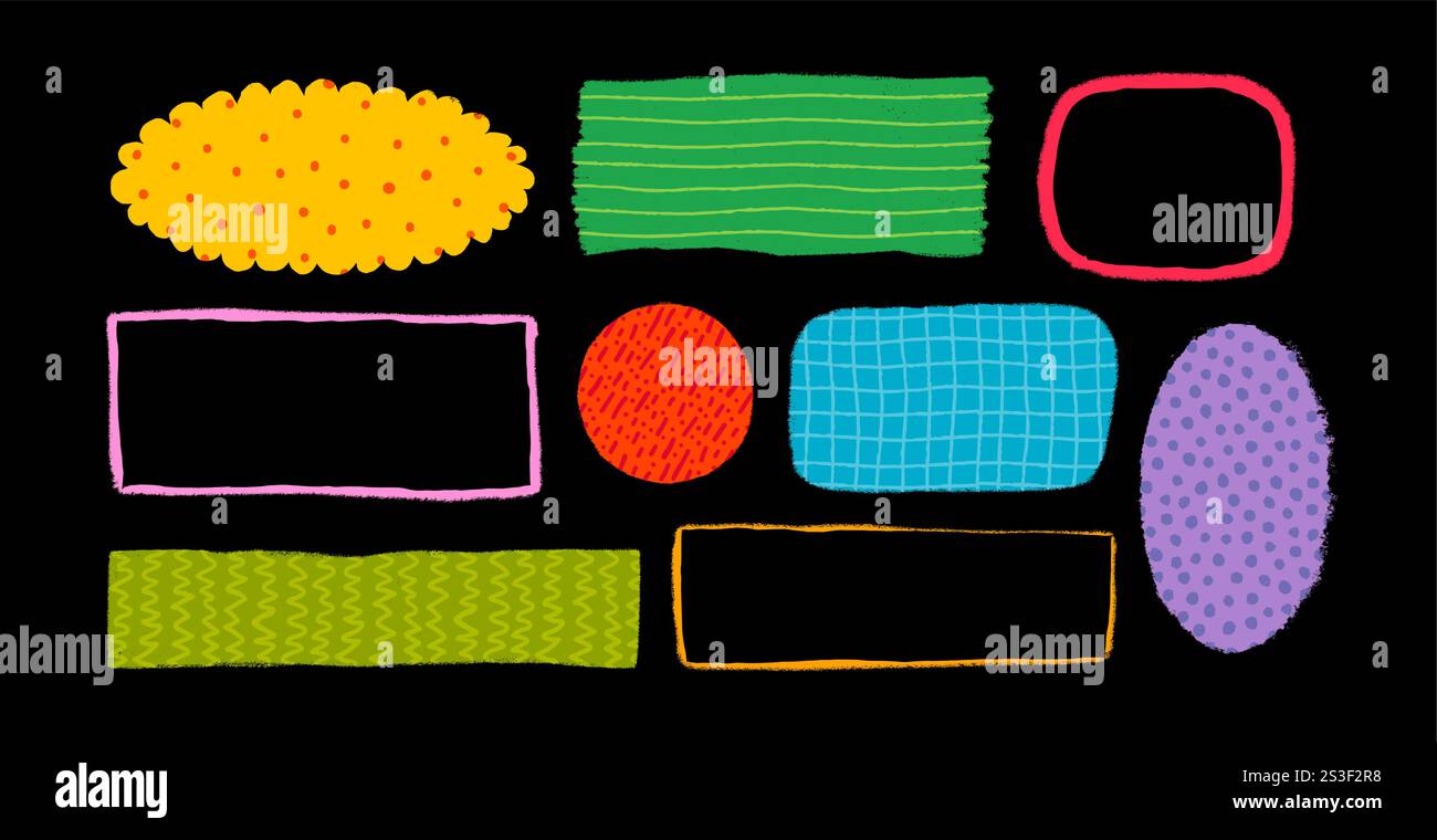 Simple shape stickers and frames with various patterns in rough rustic ...