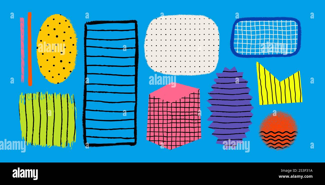 Simple shape stickers and frames with various patterns in rough rustic ...