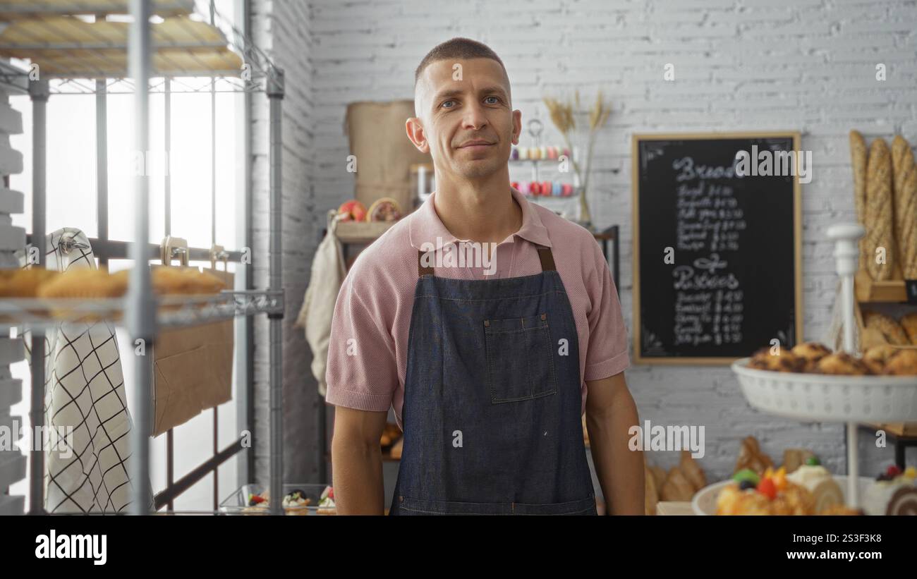Young man standing inside a bakery shop wearing an apron with shelves ...