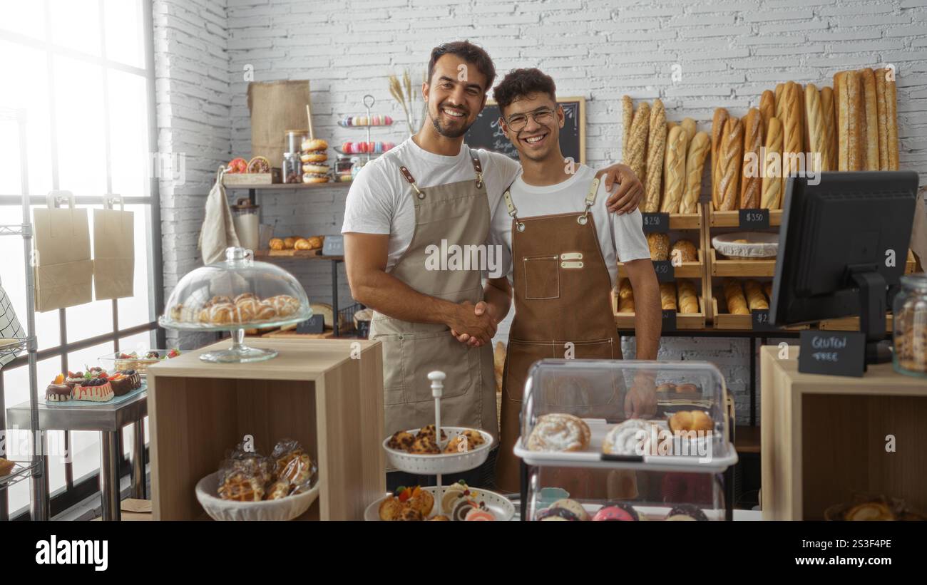 Two smiling male bakers in a bakery shop with a variety of pastries in ...